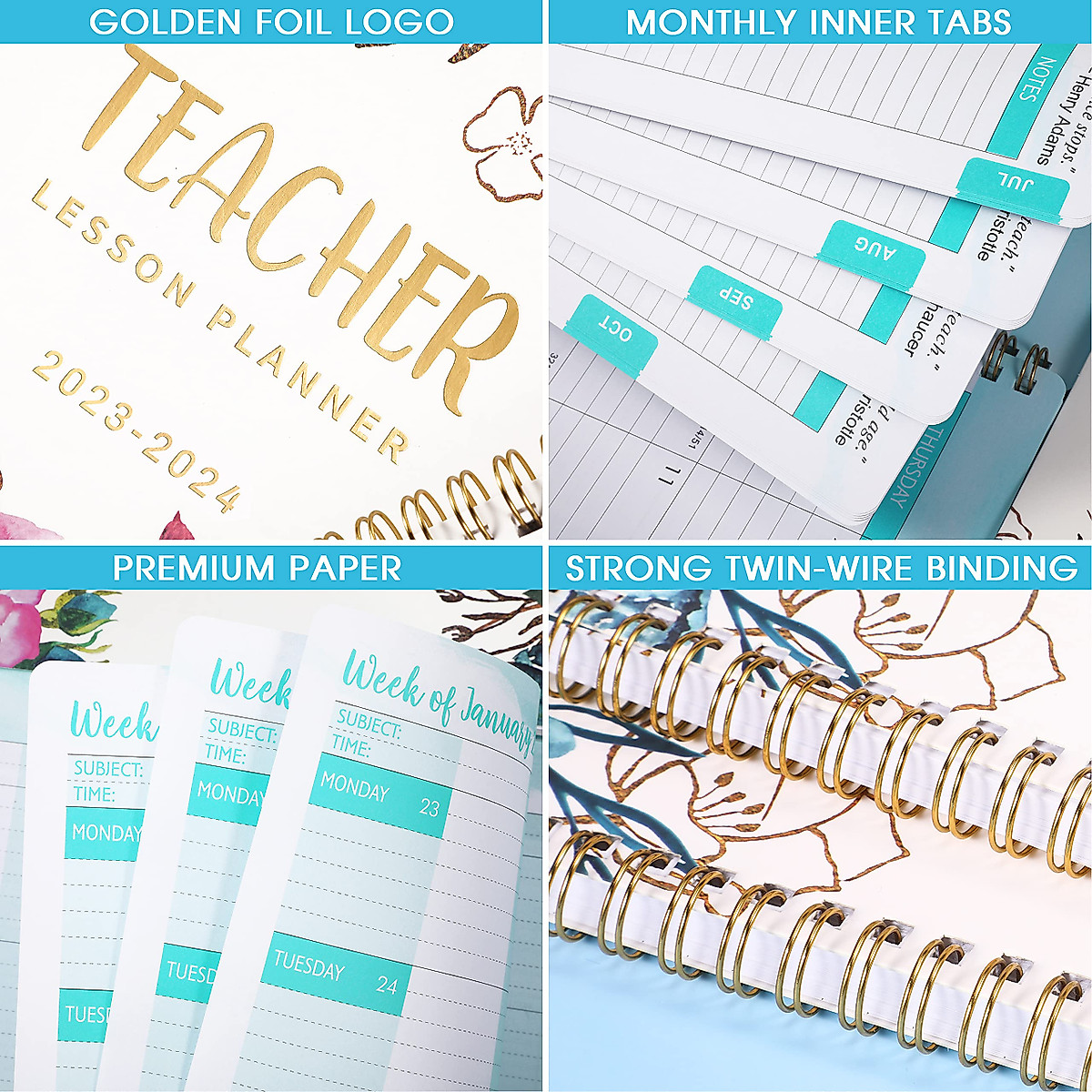 Teacher Planner 2023-2024 - 2023-2024 Weekly & Monthly Lesson Plan Book, July 2023 - June 2024, 8" x 10", Academic Planner 2023-2024 with Twin-Wire Binding for Teachers - Ink-painting Roses