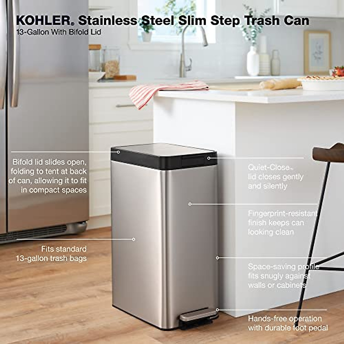 KOHLER 23826-ST 13 Gallon Elongated Hands-Free Step Can, Trash Can with Soft-Close and Foot Pedal, Quiet Close Lid, Stainless Steel