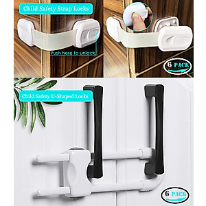 MYBOLE 12 Packs Sliding Cabinet Locks, U-Shaped Baby Proofing Cabinet Locks for Knob Handle on Kitchen Storage Door Cupboard Closet Dresser, Adjustable Toilets Seat Latches Set of 6 each - No Drilling