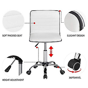 Yaheetech Adjustable Task Chair PU Leather Low Back Ribbed Armless Swivel White Desk Chair Office Chair Wheels