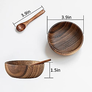 muso wood 3.9" Acacia Wood Bowl, Small Wooden Sauce Bowl for Party, Serving Bowls for Nuts, Salad, Appetizer, Condiments, Snacks (FREE 4 Wood Spoons, Set of 4)
