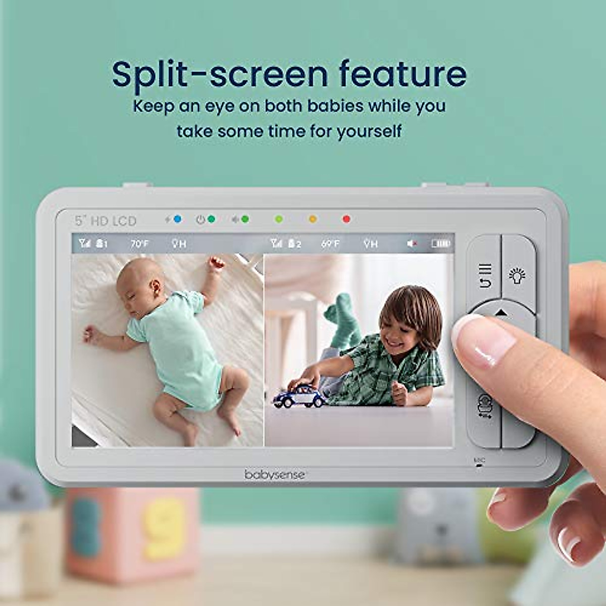 Babysense 5" HD Split-Screen Baby Monitor, Video Baby Monitor with Camera and Audio, Two HD Cameras with Remote PTZ, Night Light, 960ft Range, Two-Way Audio, 4X Zoom, Night Vision, 4000mAh Battery