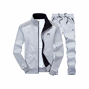 PASOK Men's Casual Tracksuit Long Sleeve Full Zip Running Jogging Sweatsuit Athletic Sports Set Light Gray L