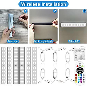 Under Cabinet Lighting Wireless with Remote, 48 LED Rechargeable Under Cabinet Lights, Kitchen Counter Lights Dimmable LED Closet Lights RGB Bar for Shelf, Car, Hallway, 15 Color Changing, 6 Pack