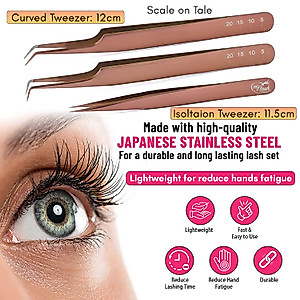 My Lash Tools - Fiber Tip Lash Tweezers for Eyelash Extensions Professional SET OF 3 Volume Boot, Isolation, & Curved Tweezers set Japanese Steel Lash Extension Supplies (Rose Gold)