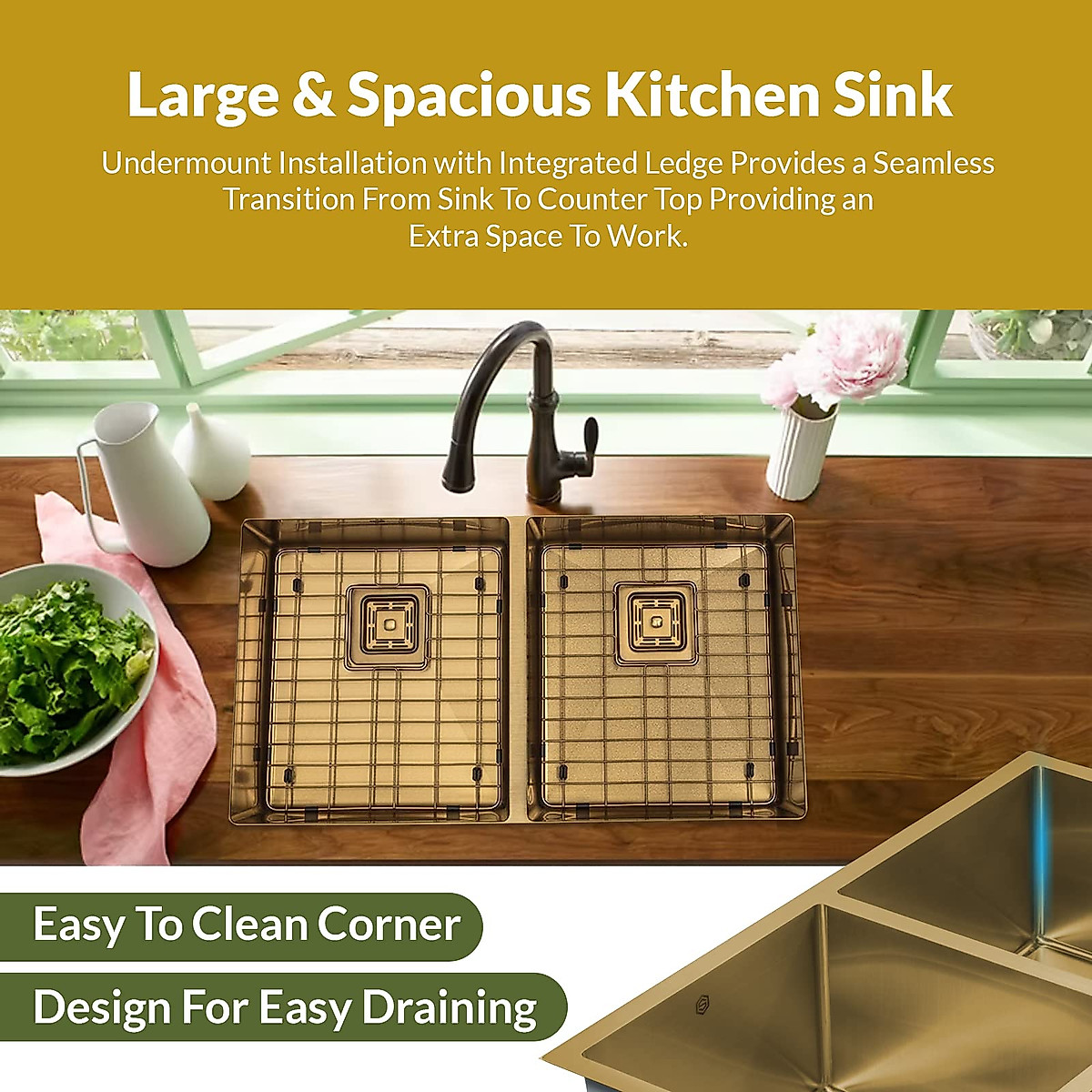 Strictly Sinks 32 Inch Undermount Kitchen Sink - 16 Guage 50/50 Double Bowl Kitchen Sink - Stain & Rust Resistant Gold Kitchen Sink with Bottom Grid, 1 Disposal Adapter & 2 Strainer Drains