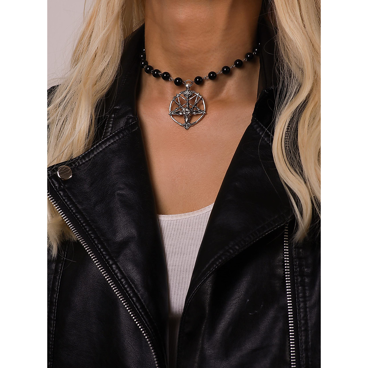 Sacina Goth Baphomet Choker Necklace, Black Bead Pentagram Skull Choker Necklace, Goth Halloween Jewelry Gift for Women, Men