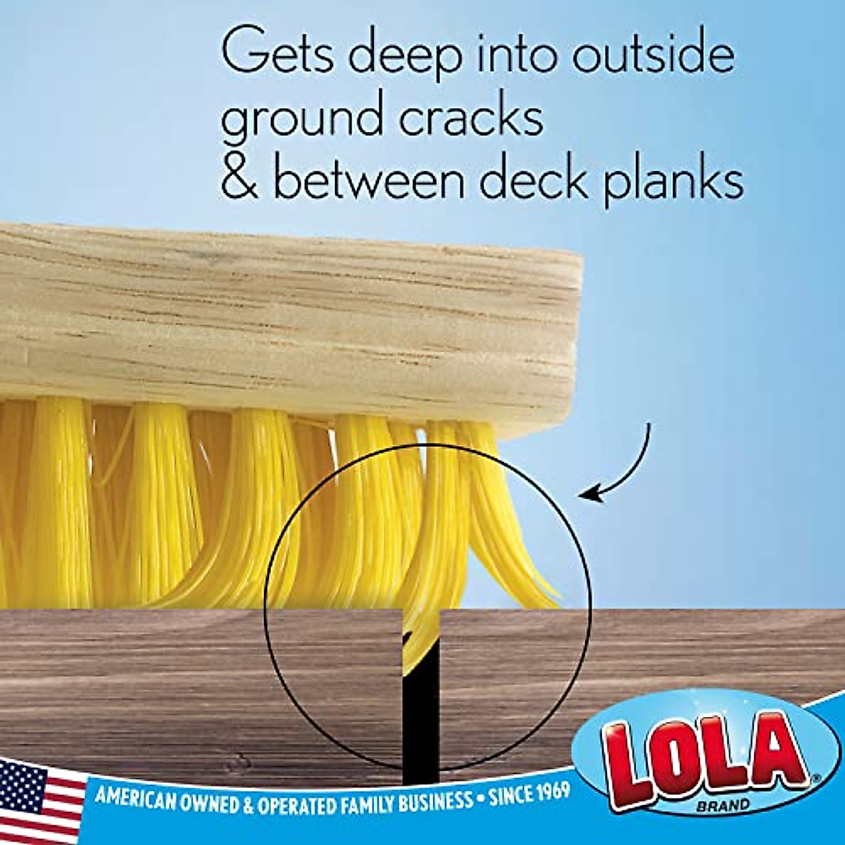 Lola Products Deck Scrub Brush with 48" Long Handle and 9" x 3.5" Scrubber, It's Very Durable Poly Fiber Scrubber Bristles Remove Dirt & Grime on patios, Decks, Asphalt, Tile, Cement- Wet or Dry