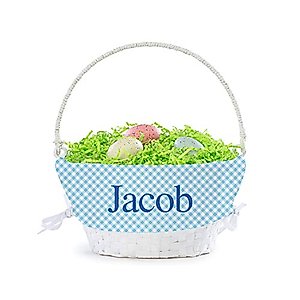 Personalized Easter Egg Basket with Handle and Custom Name | Blue Gingham Easter Basket Liners | White Basket | Woven Easter Baskets for Kids and Adults | Customized Easter Basket | Gift for Easter