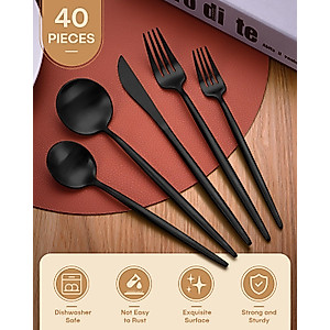 Ollex 40-Piece Black Silverware Set for 8 Stainless Steel Flatware Set with Knives Forks and Spoons Utensil set, Satin Finish Tableware Cutlery Set, Dishwasher Safe