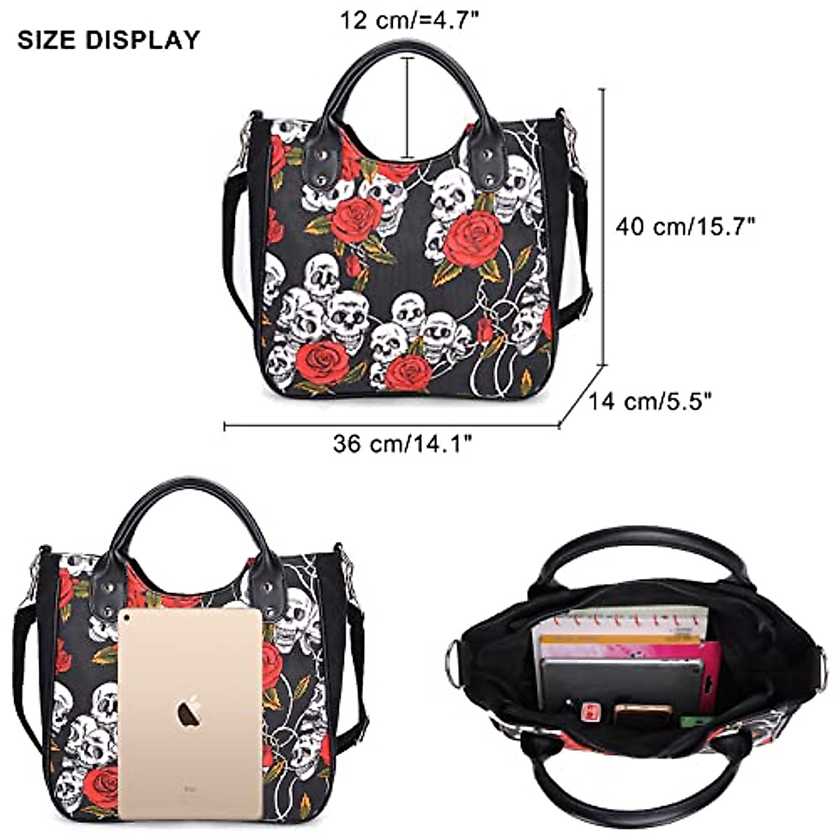 Women Canvas Handbags Skull Tote Shoulder Crossbody Bag Hobo Purse Punk Satchel Bags, Printed Skull