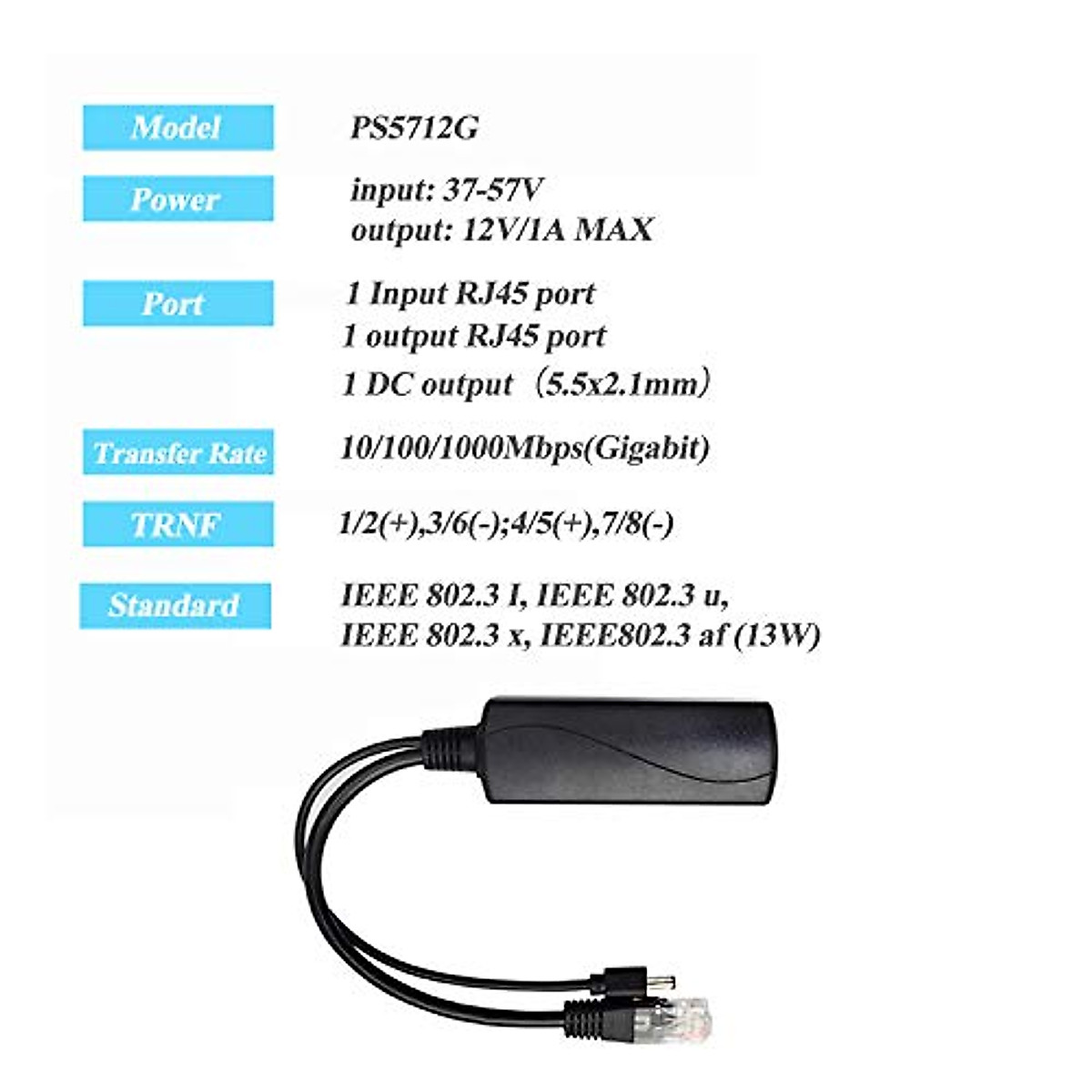 REVOTECH Gigabit PoE Splitter 12V 1A Output, IEEE 802.3af Standard Compliant 10, 100, 1000Mbps Power Over Ethernet Splitter Adapter for Security Camera CCTV Surveillance 5.5x2.1mm DC Plug (PS5712G)
