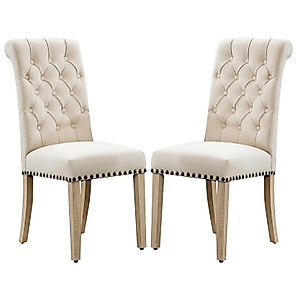Restworld Fabric Dining Chairs Set of 2,Tufted Upholstered High Back Nailed Trim with Untique Oak Wood Legs for Kitchen Restaurant Room