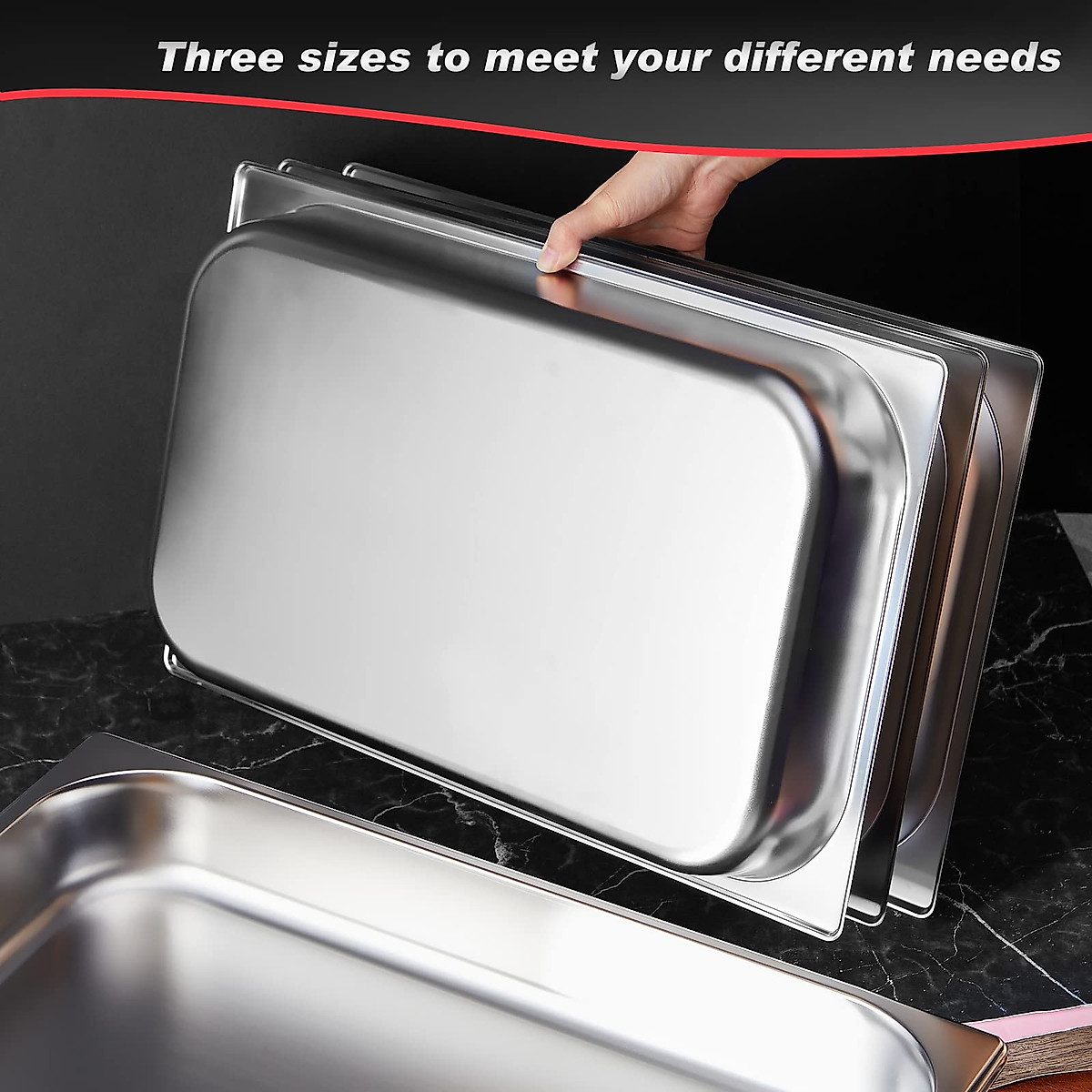 6 Pack Stainless Steel Steam Table Pan Full Size Hotel Pans 20.8"L x 12.8"W Commercial Food Pan Catering Food Pan for Hotel Canteen Restaurant Office Cafeteria Family Events, 3 Diverse Depths