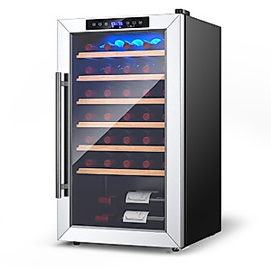 KOTEK 33 Bottle Wine Fridge, Freestanding or Under Counter Wine Cellar w/Wooden Removable Shelves for Red, White & Champagne, 41-64.5°F Digital Temperature Control, Wine Cooler Refrigerator for Home