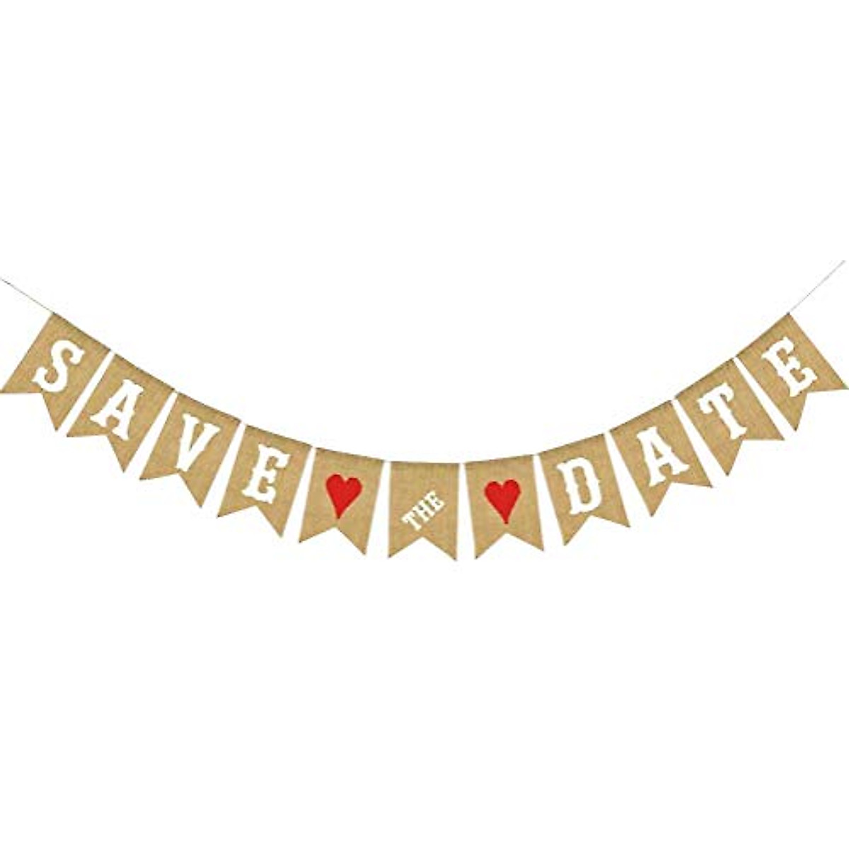 Save The Date Burlap Banner - Engagement Picture Prop Wedding Announcement - Ready to Hang Bridal Shower Decoration – White Letters & Red Hearts Garland by Jolly Jon