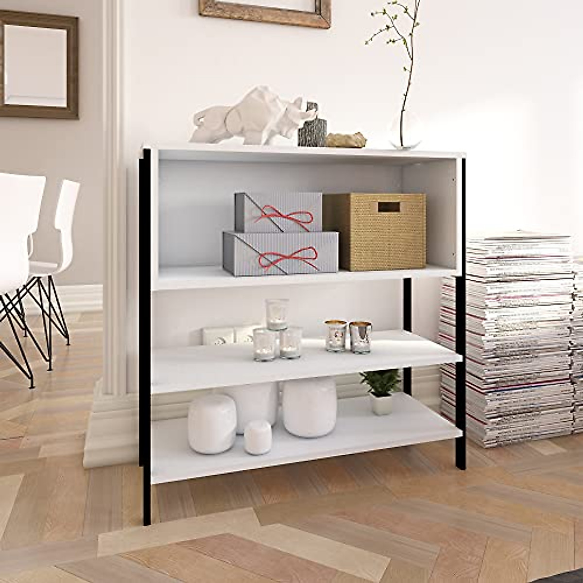 PLAYCON Decorative Open Shelf Unit and Display Cabinet, for Living Room, Study Room or Else, 32(11/16)" Wide, Innovative Textured PVC White Wood Veneer Looking Finishing
