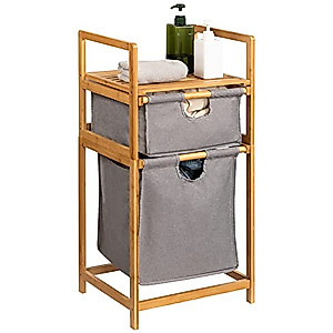 ALIMORDEN Natural Bamboo Freestanding Laundry Storage Basket, Household Laundry Basket with Bamboo Shelf, Laundry Storage Rack Dormitory, Gray