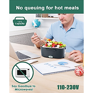 Andmenow 80W Faster Electric Lunch Box, Home Office Truck Car Food Warmer, Portable Food Heater with 304 Stainless Steel Container, Spoon & Fork and Carry Bag (GreyGreen)