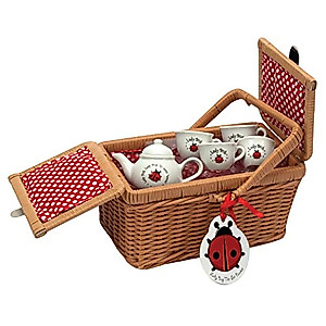 Schylling Ladybug Tea Set Basket - 23 Piece Miniature Porcelain Set with Picnic Basket - Includes Service for Four - Ages 8 and Up