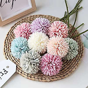 Tinsow 12 Pcs Artificial Flowers Faux Ball Chrysanthemum Bouquet Silk White Flowers Bridal Wedding Bouquet for Home Garden Party Wedding Decoration (White, 12)