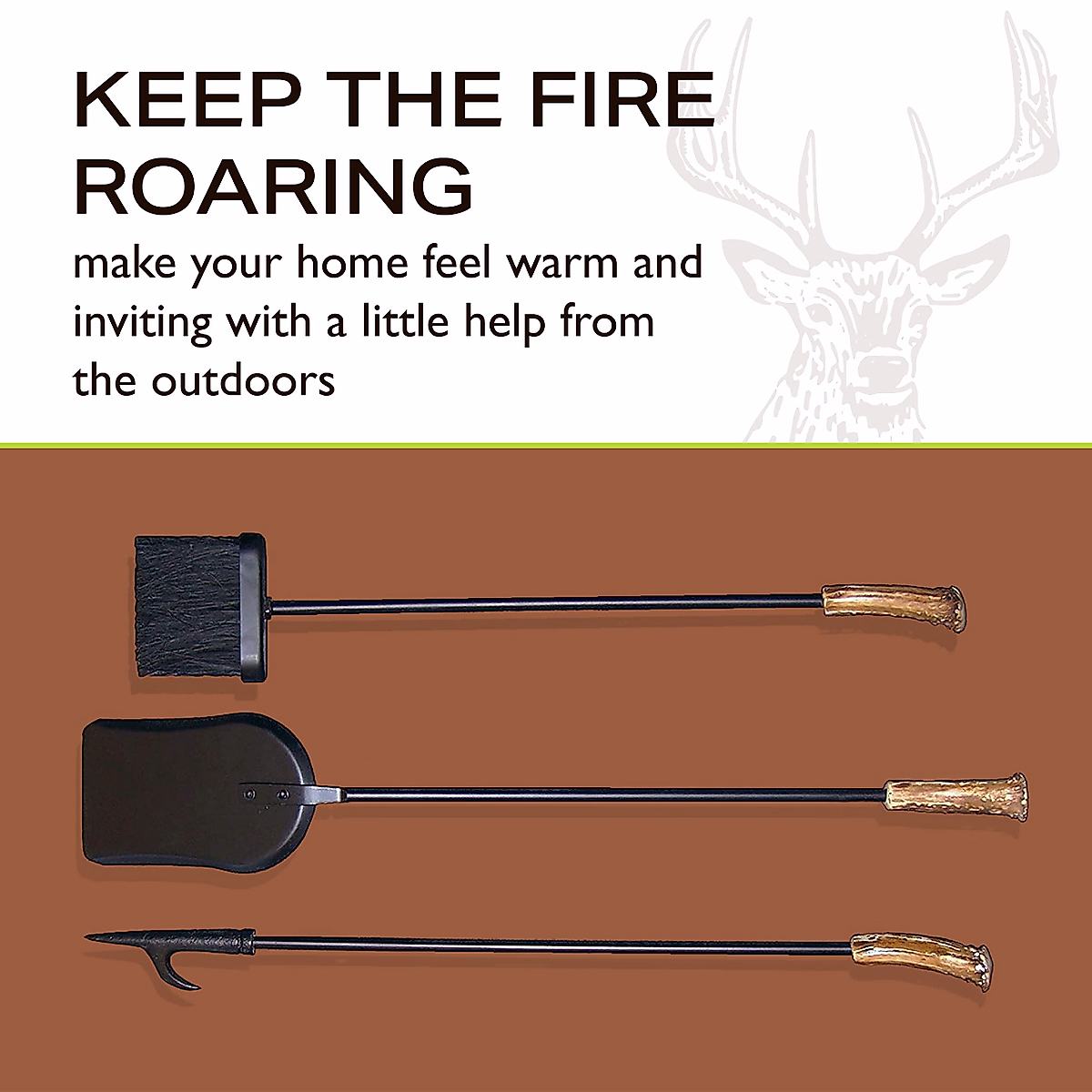 Mountain Mike's - Antler Fireplace Tool Set - Decor Inspired by The Great Outdoors - Durable Replicated Deer and Elk Antlers - Includes Shovel, Brush, and Poker