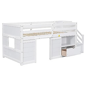 Lakifun Twin Size Low loft Bed,Loft Bed with Storage,Modern Farmhouse Twin loft Bed for Kids,Wood Twin Low Loft Bed with Game House and Drawers, Bookshelf Staircase,White