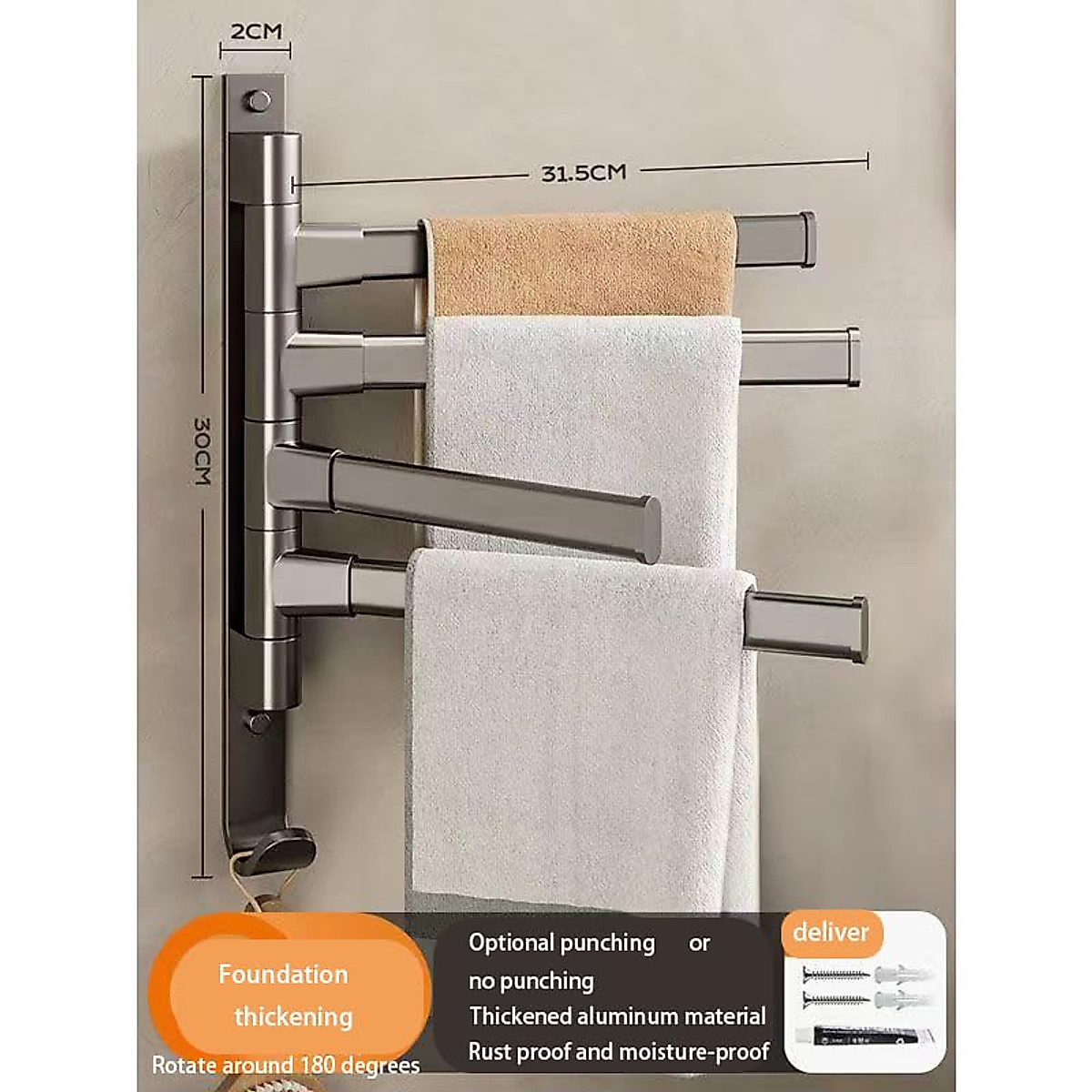4-pole 180 ° rotatable towel bar, aluminum alloy swing arm Bath Towel Bars bathroom towel rack, swing hook towel rack storage rack, bathroom wall mounted towel storage rack, Silver gray