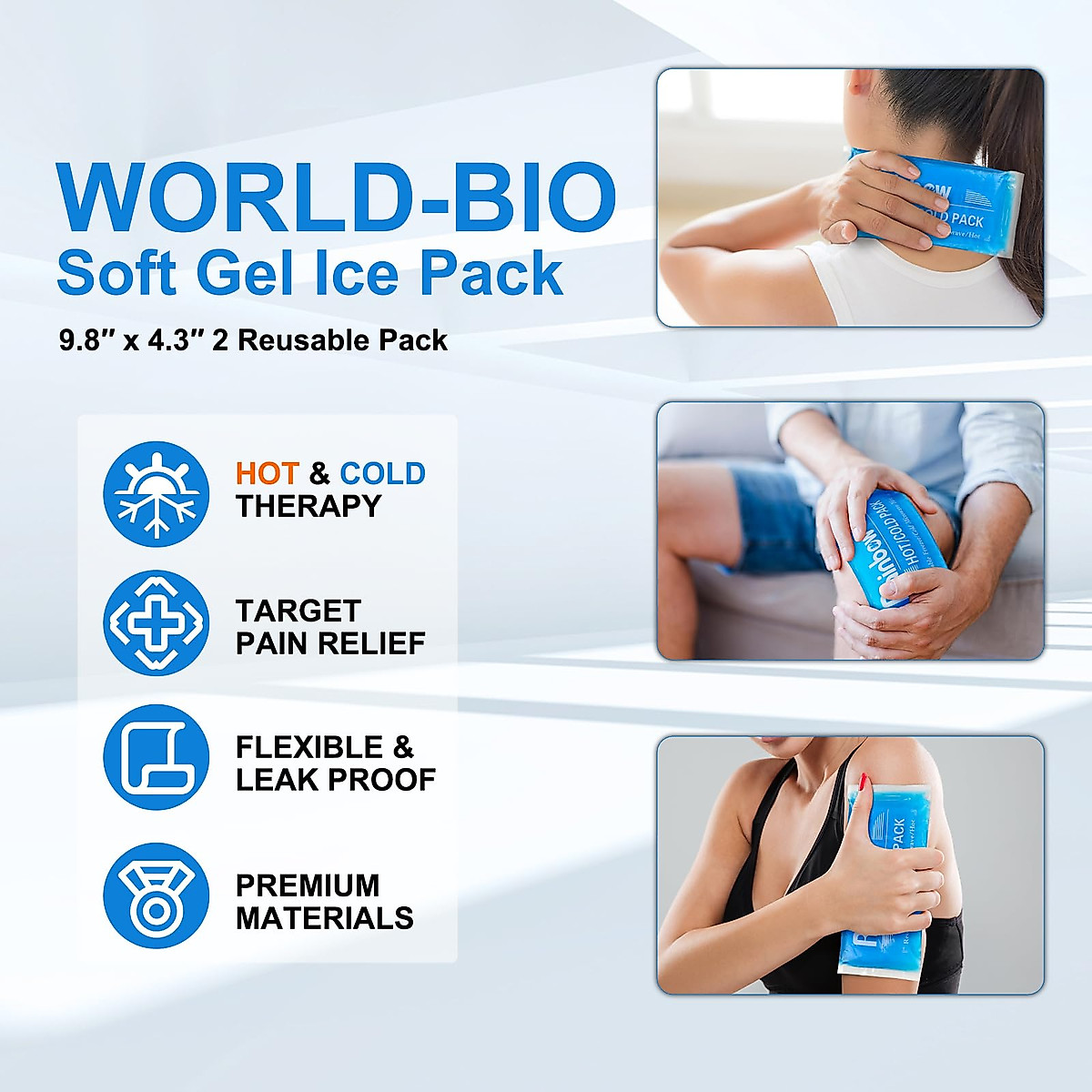 Soft Ice Packs Reusable Gel Pack 2, Hot and Cold Gel Ice Packs for Injuries, Headaches, Joint Pain Relief, Comfort Ice Gel Pack Flexible Therapy on Neck, Ankle, Knee, Leg, Shoulder, Elbow, Wrist, Feet