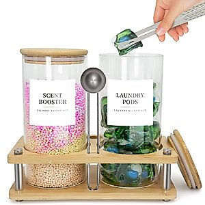 Venuekkuri Laundry Pods Containers for Laundry Room Organization and Storage with Spoons,Tweezer and Labels,Airtight Glass jars Holder Set of 2 for Laundry Detergent, Scent Booster Beads