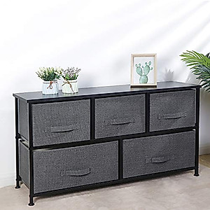 SUPER DEAL 5 Drawer Fabric Dresser Chests of Drawers, Wide Storage Tower Heavy Duty Steel Frame, Wood Top, Kids Toys Organizer Unit for Bedroom Livingroom Closet Nursery Hallway, Dark Grey