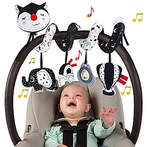 Car Seat Toys for Infants 0-6 Months, High Contrast Baby Toys Black and White Hanging Baby Carseat Toys Stroller Toys 3-6 Months Newborn Developmental Toys 0-3-6-12 Months with Music Rattles