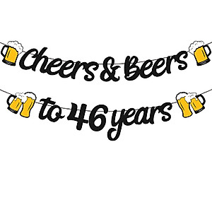 46th Birthday Decorations Cheers & Beers to 46 Years Banner for Men Women 46s Birthday Backdrop Wedding Anniversary Party Supplies Black Glitter Decorations Pre Strung