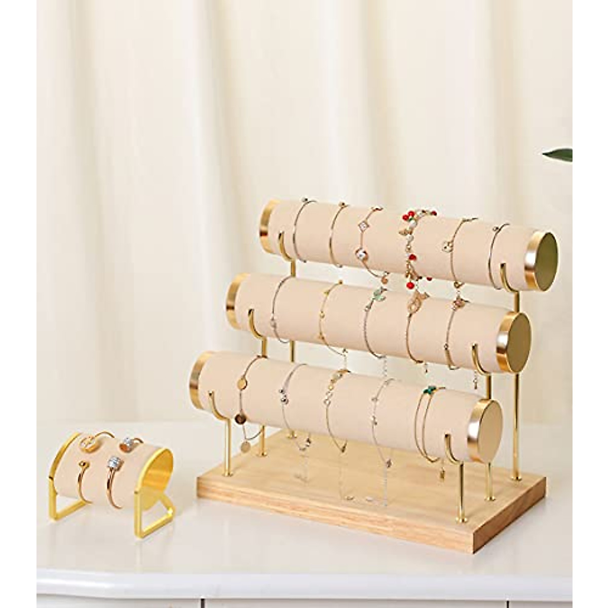 Aqerimit Detachable Bracelet Holder, Three Tier Racks Jewelry Display Stand, Stylish Velvet Wrist Watch Organizer, Beige
