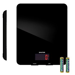 Salter Digital Platform Seen on TV, Stylish Glass Design, Electronic Cooking Scale for Home + Kitchen, Weigh Food 5kg + Liquids in ml and fl. Oz, 5 kg Capacity, Black