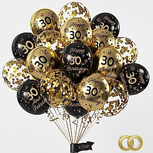 Yiran 30th Birthday Balloons, Black Gold Number 30 Balloons, 15Pcs Happy Birthday Balloons Party Deocorations Supplies, 12inch Latex Confetti Balloons for Adult Men Women