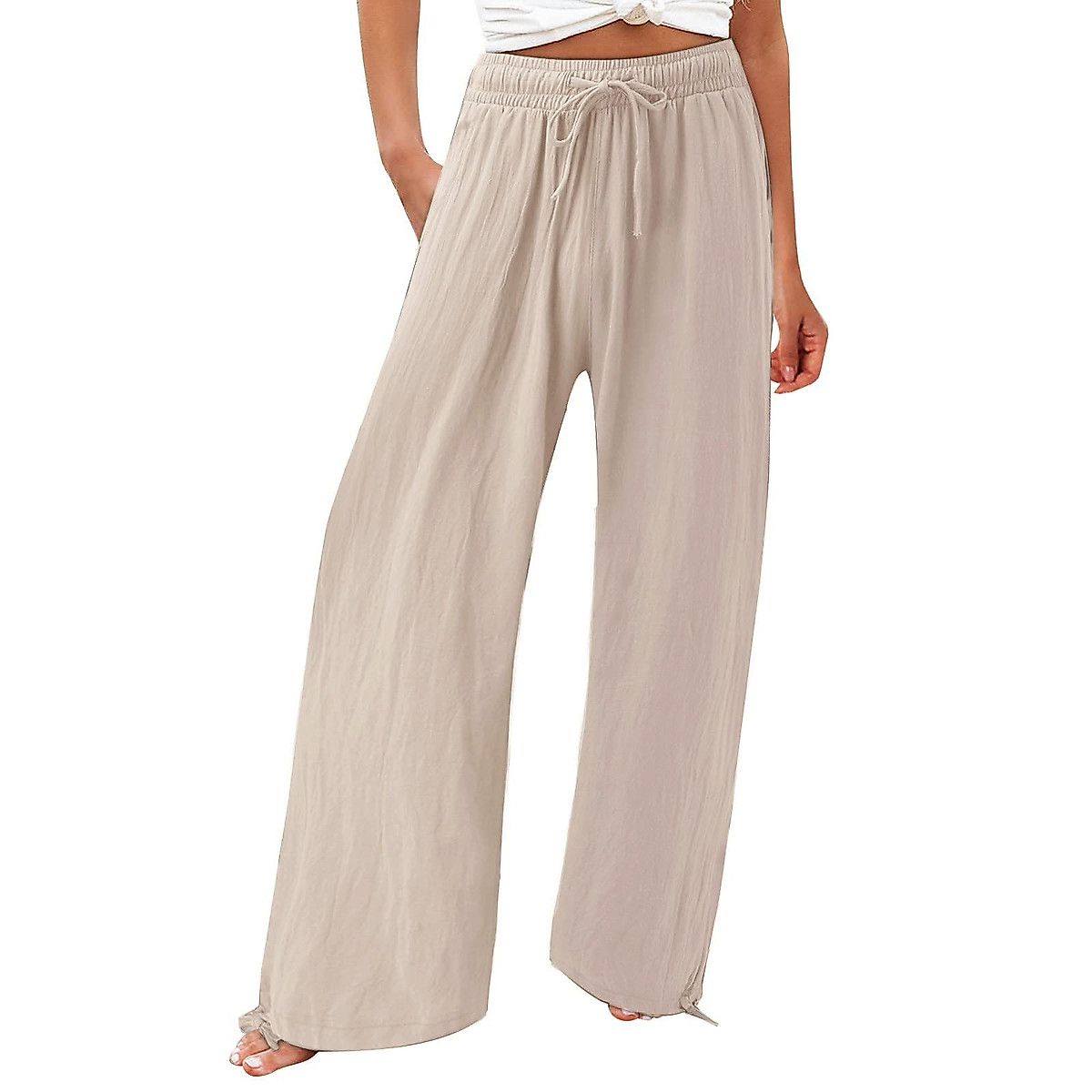 SHAOBGE Linen Pants for Women Summer High Waisted Wide Leg Pants Casual Elastic Waist Palazzo Pants Beach Pants with Pockets, X-Large, #2-Beige