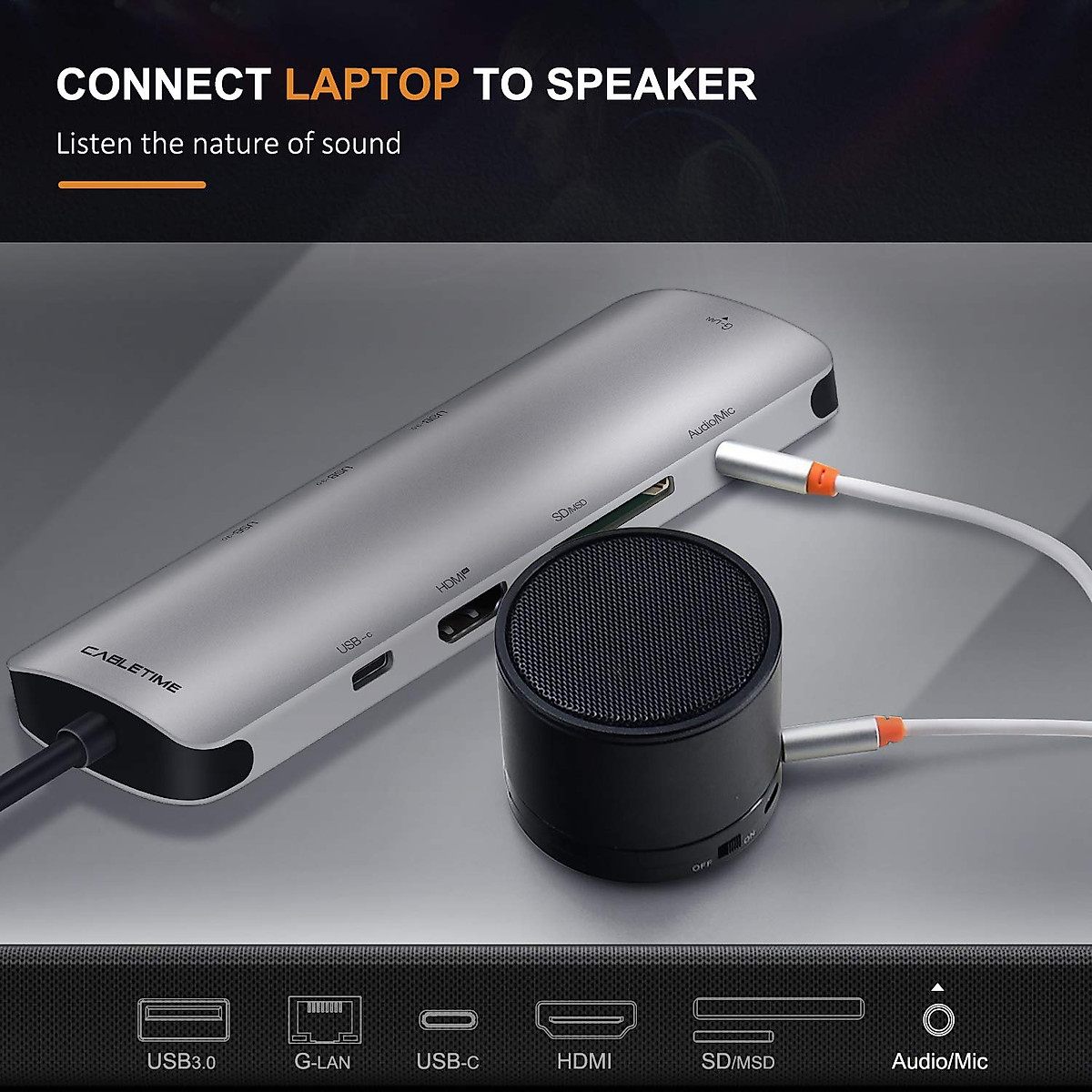 Cabletime 9 in 1 USB Hub (9 in 1(3*USB 3.0 Ports+Audio+HDMI+Type C+MicroSD/SD))