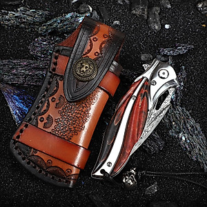 ALVELY Handmade Japanese VG10 Damascus steel Folding Pocket Knife，With leather case，Liner Lock，3.1in high hardness blade，Wooden Handle，men's folding knife hiking trip EDC tool Knife