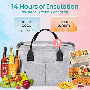 KIPBELIF Insulated Lunch Bags for Women - Large Tote Adult Lunch Box for Women with Shoulder Strap, Side Pockets and Water Bottle Holder, Gray, Normal Size