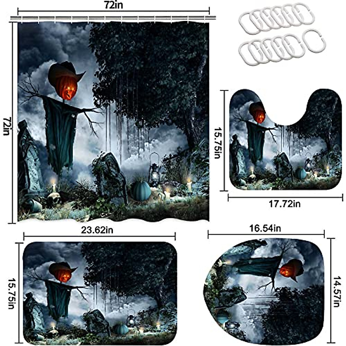 Halloween Scenery with tombstones Shower Curtain Sets with Rugs and Toilet Lid Cover and Bath Mat for Bathroom, Shower Curtain Sets with 12 Hooks, Waterproof Durable Bathroom Decor Set