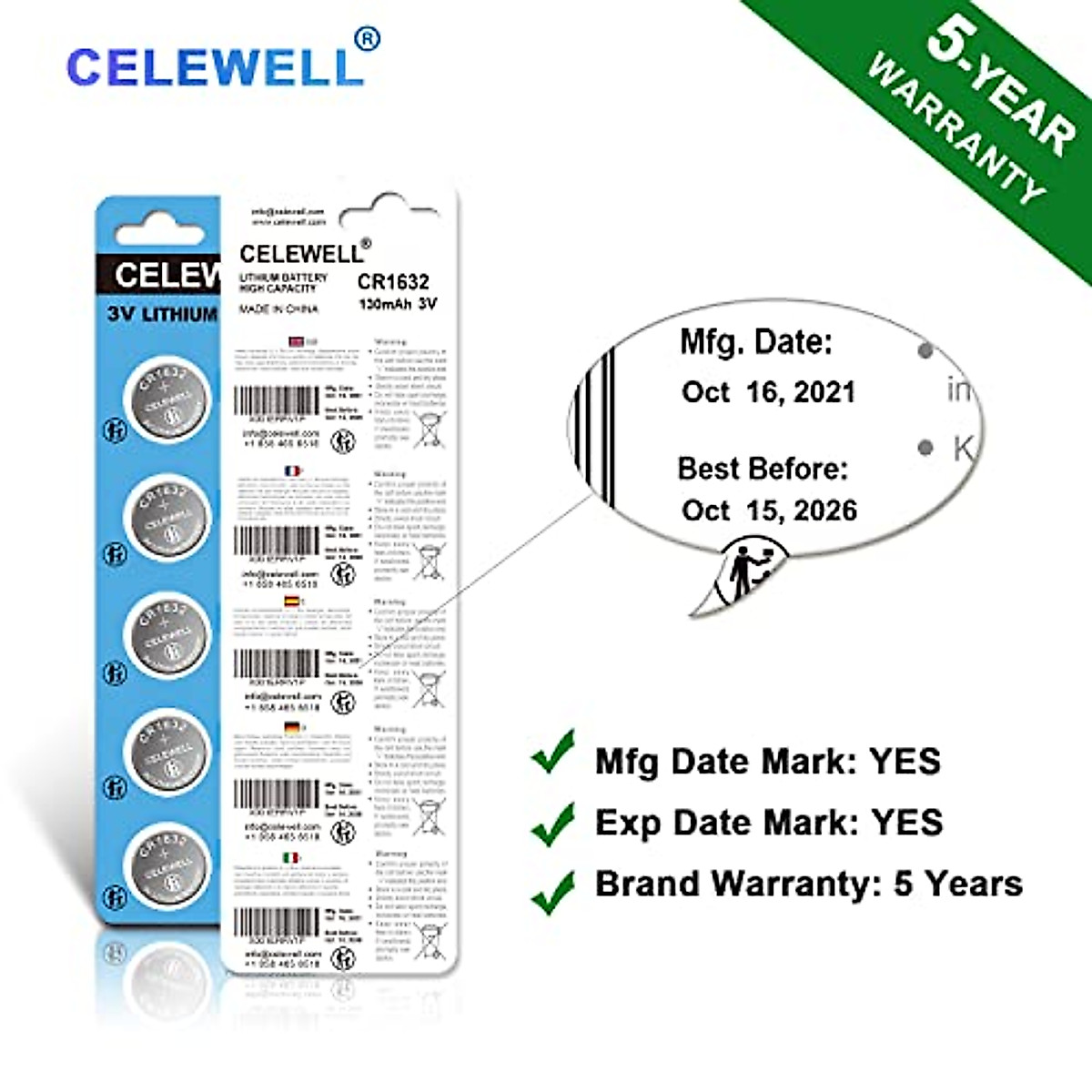 CELEWELL CR1632 5 Pack CR 1632 Battery Lithium 3v for Garmin Vivofit Jr Key Fob Replacement 【5-Year Warranty】