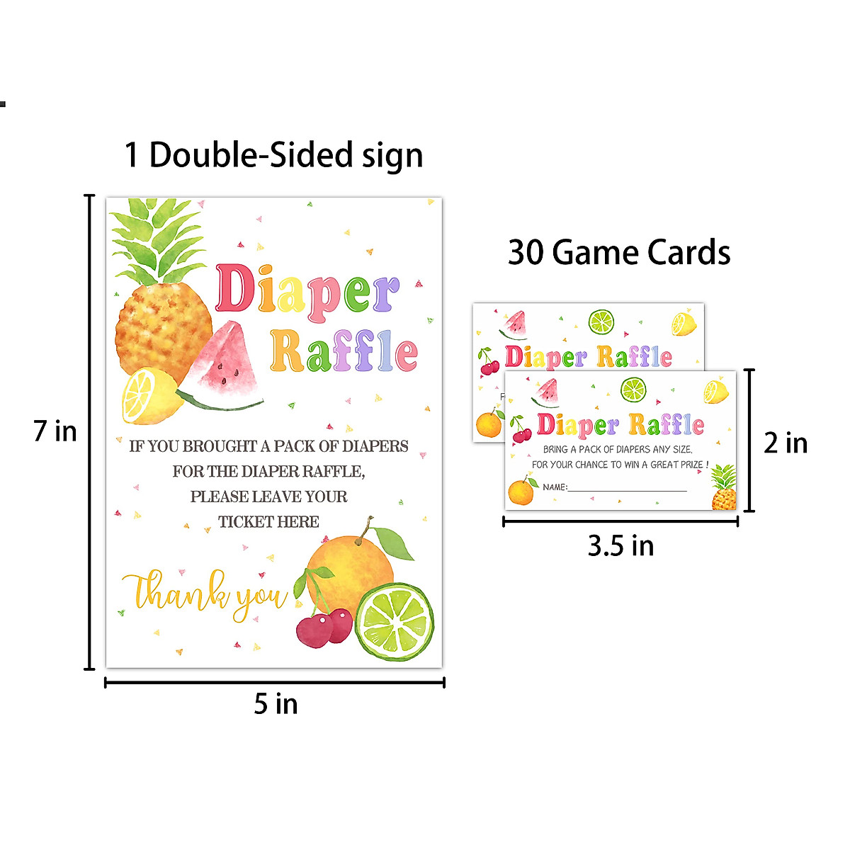 Diaper Raffle Baby Shower Game, 1 Standing Sign and 50 Tickets, Fruits Theme Gender Neutral For Boys or Girls, Bring A Pack of Diapers for Mom-To-Be, (038)