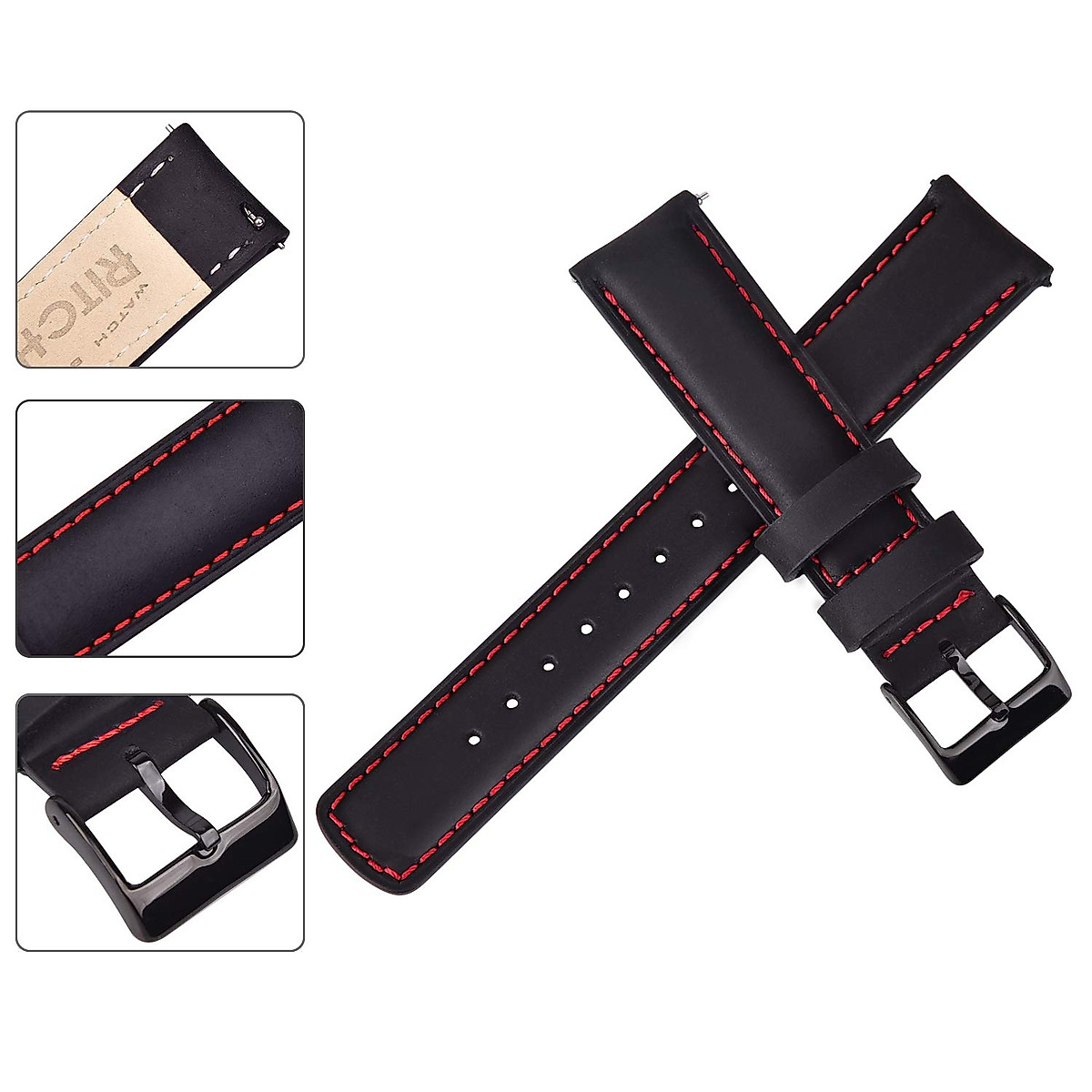 Ritche Quick Release Leather Watch Band 18mm 19mm 20mm 21mm 22mm 23mm 24mm Leather Watch Strap, Black & Red & Black, 22 mm, Classic