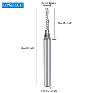 1/8 Inch Down Cut Single Flute (O Flute) Spiral End Mill CNC Router Bits ,with 1/16 Inch Cutting Dia，25/64 Inch Cutting Length for Acrylic PVC MDF Wood Pack of 5 (3.175*1.5*10mm)
