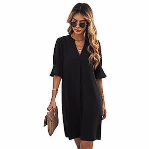 SOLY HUX Women's Notched V Neck Flounce Half Sleeve Casual Short Tunic Dress Black XL