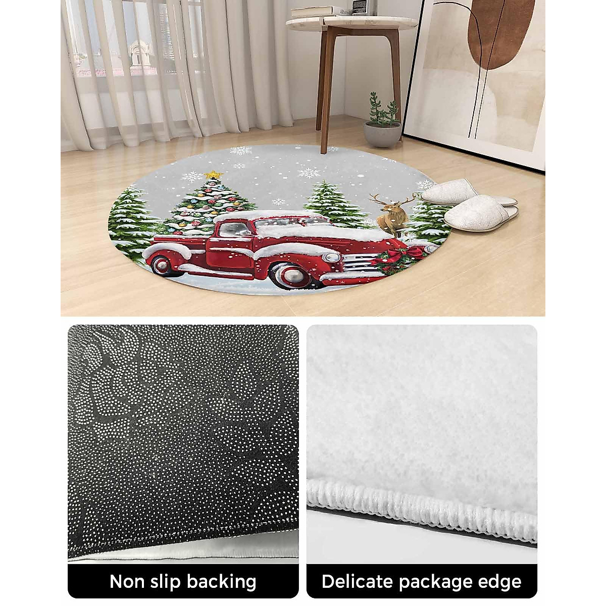 Christmas Fluffy Round Area Rug Carpets 3ft, Plush Shaggy Carpet Soft Circular Rugs, Non-Slip Fuzzy Accent Floor Mat for Living Room Bedroom Nursery Decor Snowy Red Truck Forest Winter Elk Tree Grey