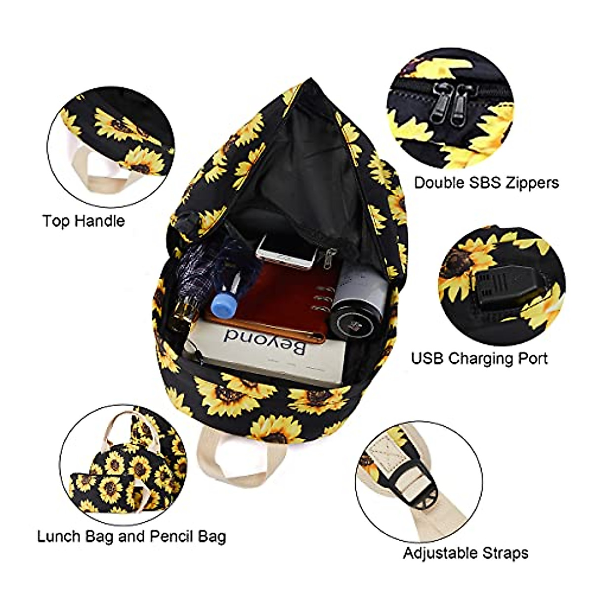 Sunflower Backpack Set for Teen Girls Bookbag School backpack Set with Lunch Bag and Pencil Bag 3 in 1