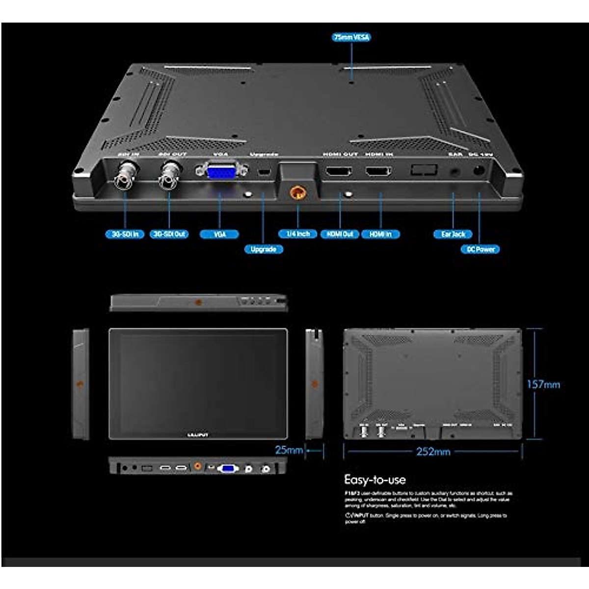 LILLIPUT A11 10.1" FHD PRO 4K HDMI SDI VGA Input Broadcast Monitor w/G+G Technology Free F970 Battery & Gimbal Stand