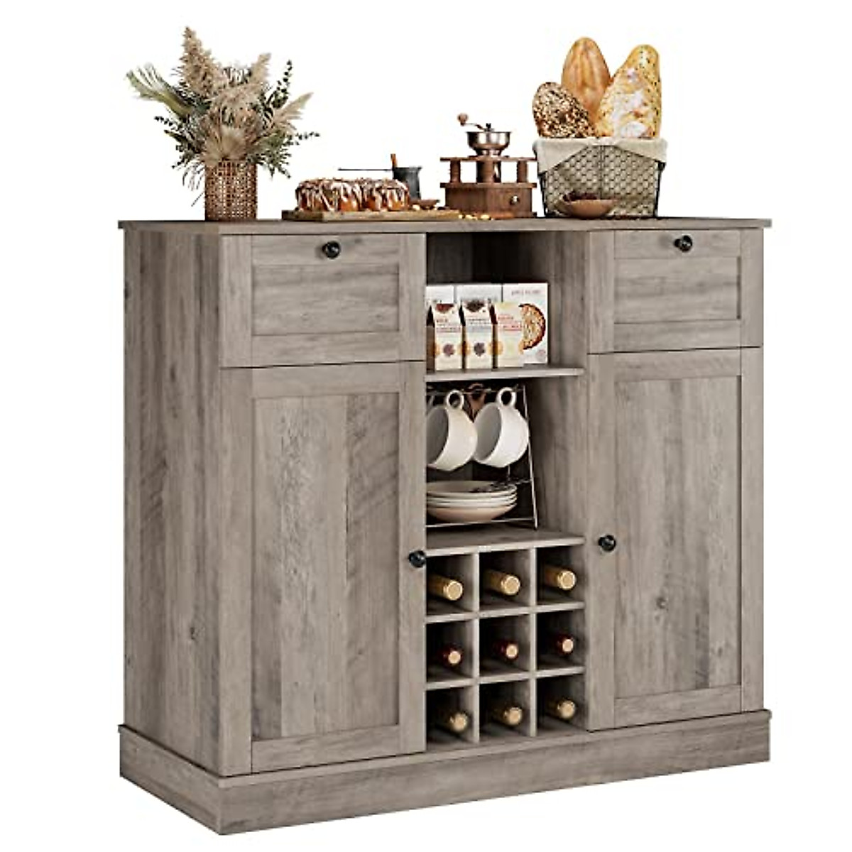 HOSTACK Buffet Sideboard Cabinet, Wine Bar Cabinet with Drawers and Removable Wine Rack, Coffee Bar Storage Cabinet with Shelves for Kitchen, Dining Room, Living Room, Ash Grey